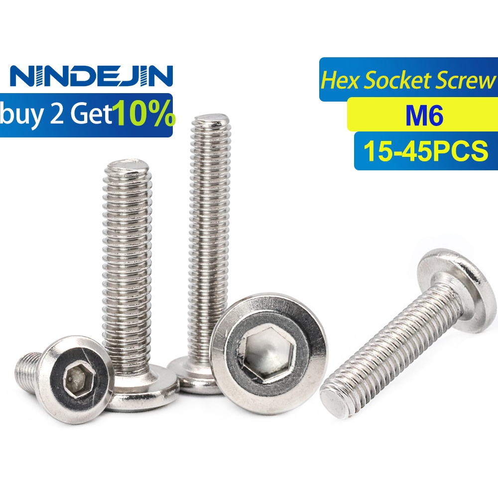 NINDEJIN15-45pcs Chamfered Hex Beveled Flat Round Head M6 304 Stainless Steel Internal Hexagon ...