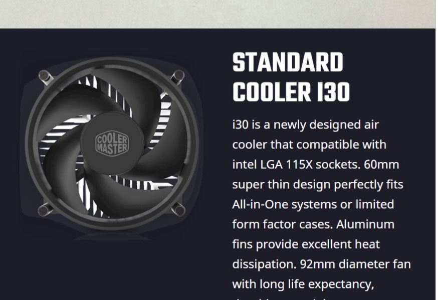 Cooler Master i30 CPU Cooler Boxed Ultra-Thin Body 92mm CPU Fan Adapts ...