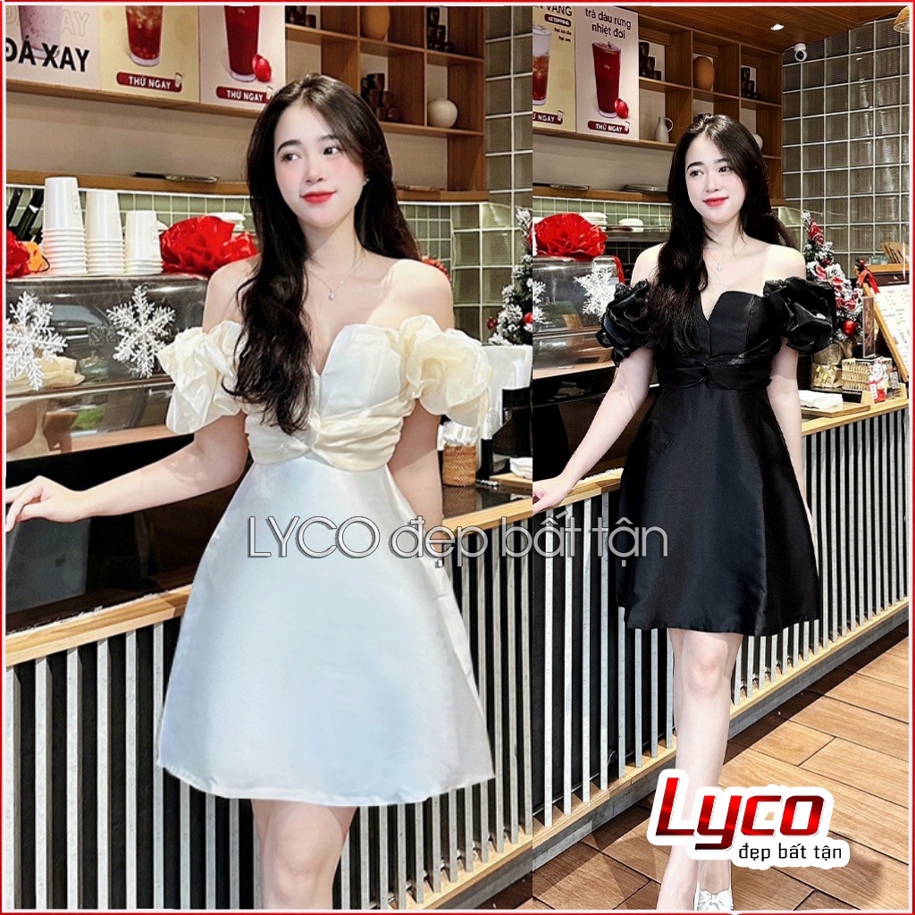 Lyco 2-shoulder ruffled silk dress with flared bust and mesh can be ...
