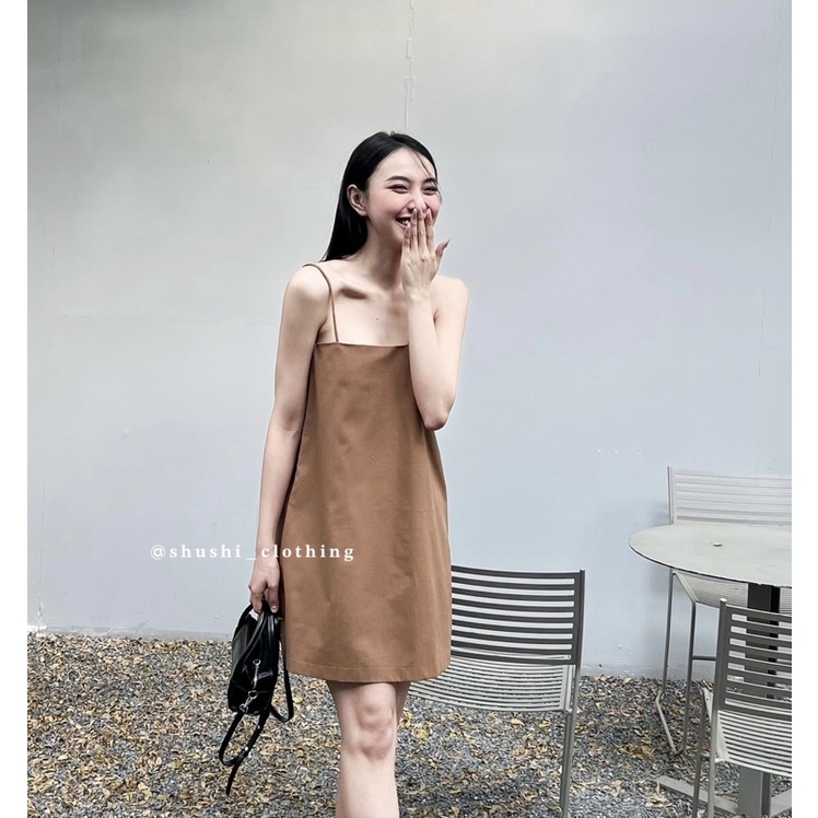 SHU SHI - Brown Short Linen 2-Strap Dress (original photo) | Shopee Philippines