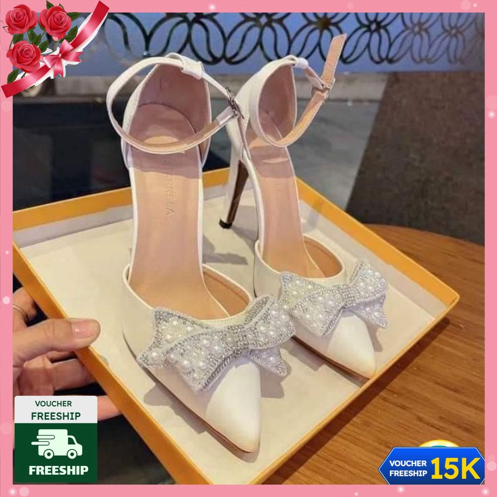 Small size high heels, 7cm pointed heel, pearl bow toe, number 1 closed ...