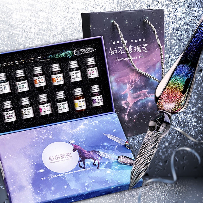 Star glass pen, crystal dip pen, crystal gradient color glass fountain ...