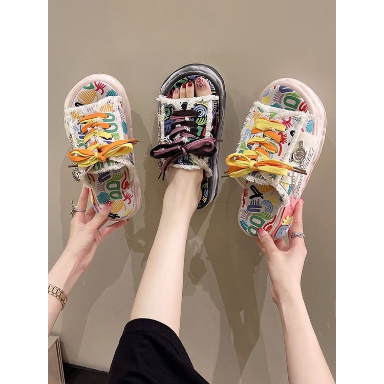 Slippers Unique Graffiti Dissolved Thick-Soled Women Summer Outer Wear ...