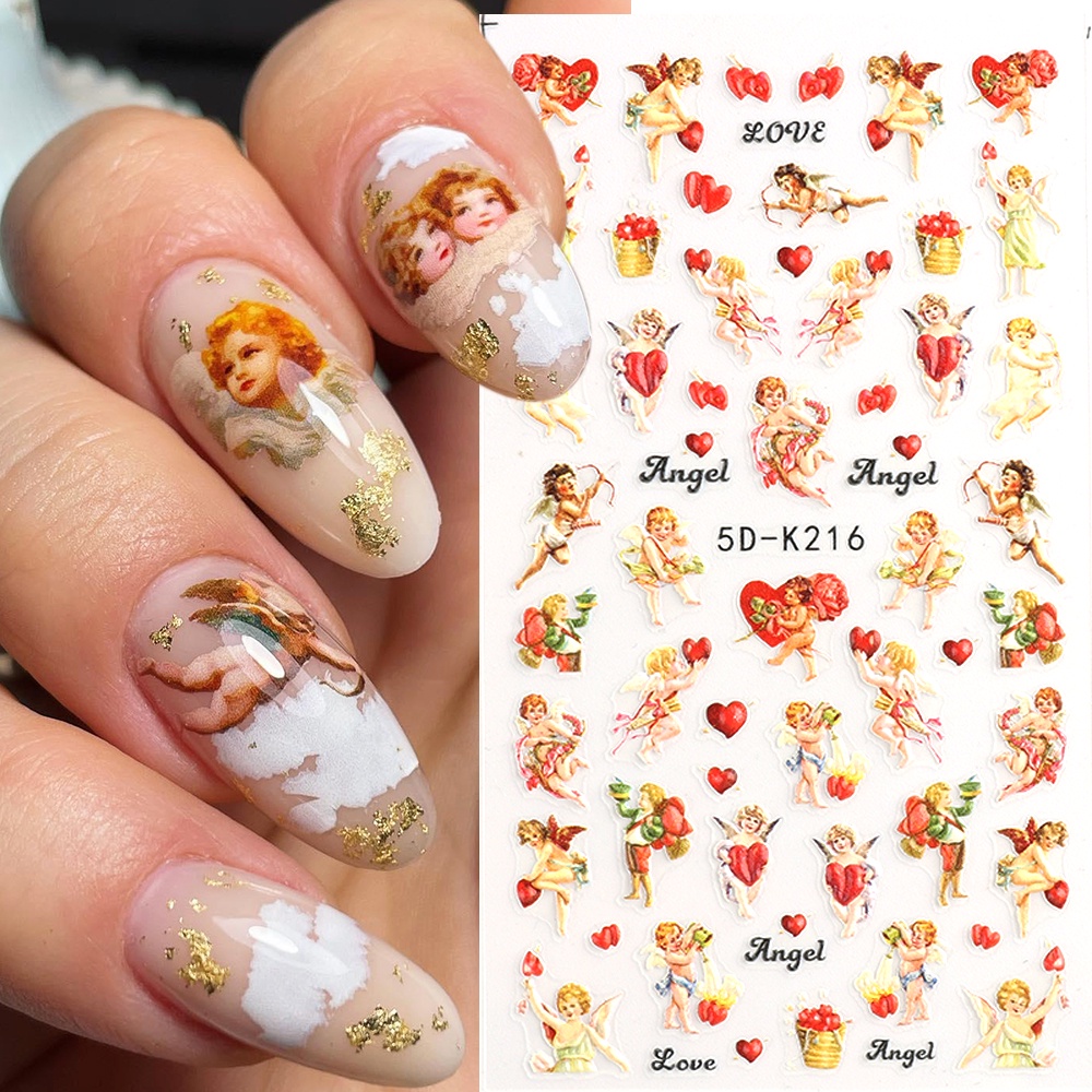 5D Angel Nail Art Stickers Cupid Self-Adhesive Nail Decals Love Hearts ...