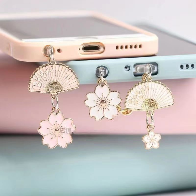 cute Cherry Blossom Fan anti dust plug mobile phone charm iphone type c ...