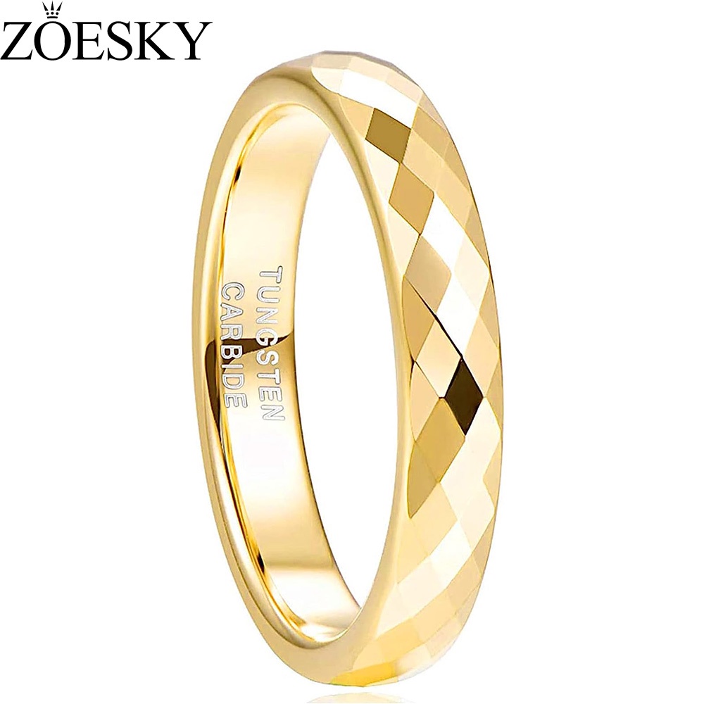 ZOESKY 4MM Tungsten Carbide Rings Faceted Edge Dome Polished Gold ...