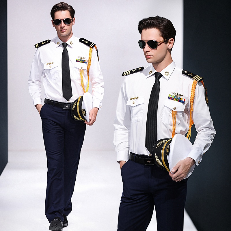 Male Captain Shirt Seaman Performance Costume White Long Sleeve Air ...