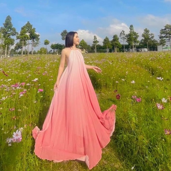 [MAXI] Pink beach maxi dress with halter neck in standard color - Nha ...