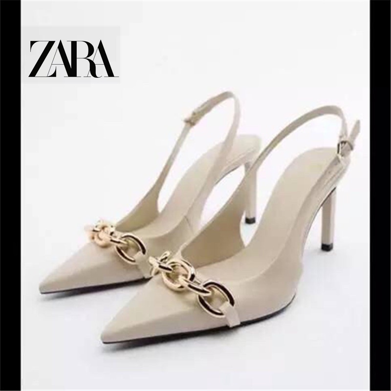 Zara women's shoes black white chain slingback sheepskin high heels ...