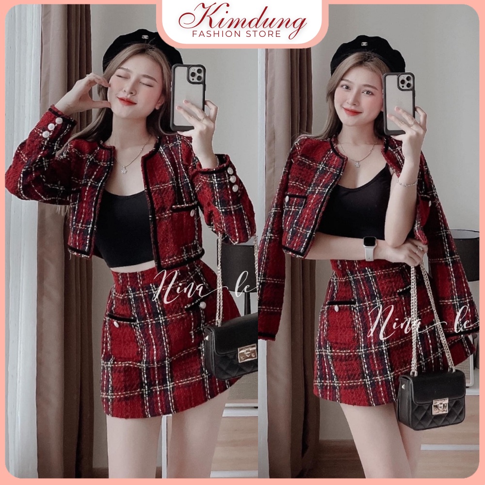 Super HOT QC RED Plaid TWEED DRESS SET 2 Layers Korean Ulzzang, Women's ...