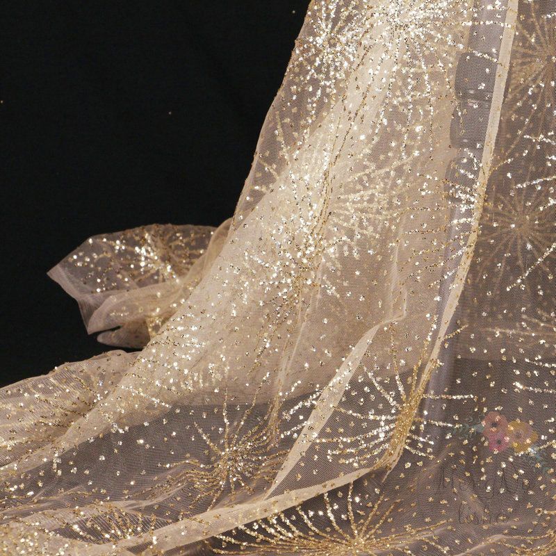 Golden Silver Sequined Gauze Wedding Dress Fabric Influencer Veil ...