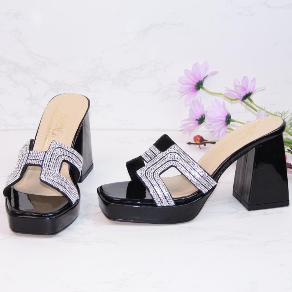 Women's 9p double square high heel sandals with H-shaped stone straps ...