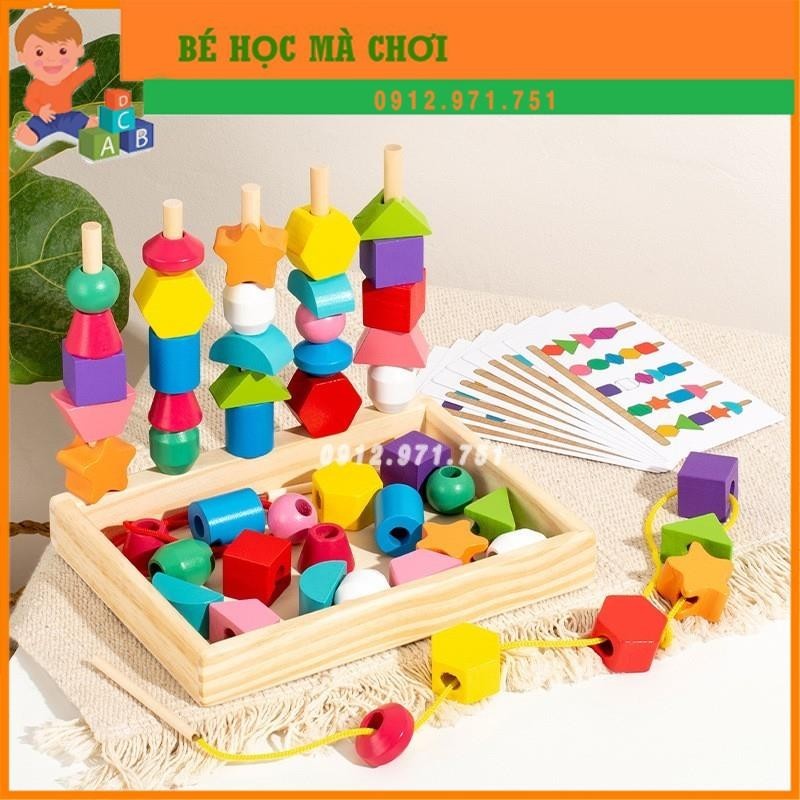 Montessori Toy Set Of Wooden Beads Lace 5 Colorful Shapes For Preschool ...