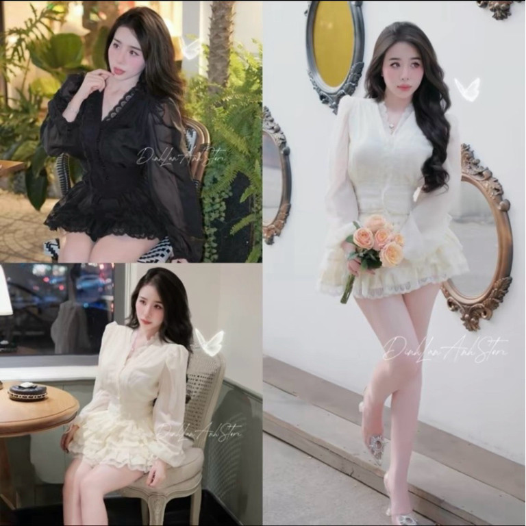 {Dress Set} Chiffon Set with lace trim and buttons + 3-layer flared ...