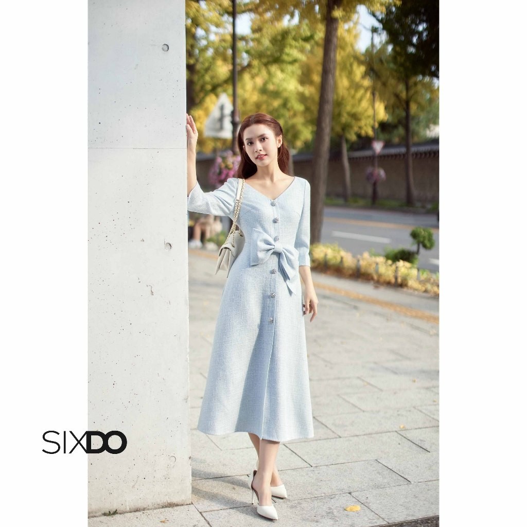SIXDO Light Blue Midi Tweed Dress (Light Blue Midi Tweed Dress ...