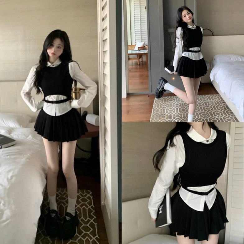 Set 3 Piece Shirt with Wool Gile Mixed with Thick Snow and Rain Pleated ...