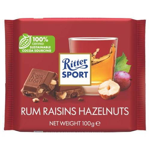 Ritter SPORT MILK CHOCOLATE BAR WITH RUM WINE, RAISINS AND Prunes, NO ...