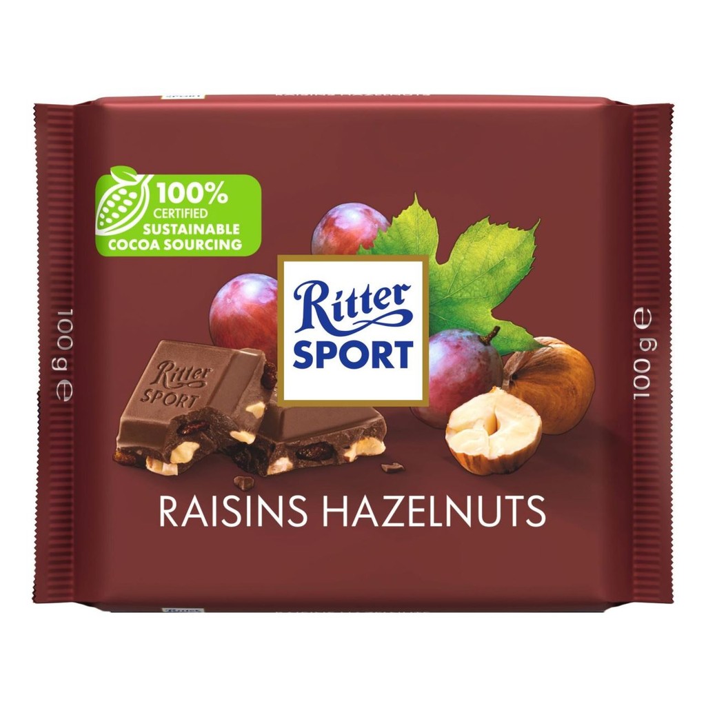 Ritter SPORT MILK CHOCOLATE BARS, RAISINS AND Prunes, NO FILLING 100G ...