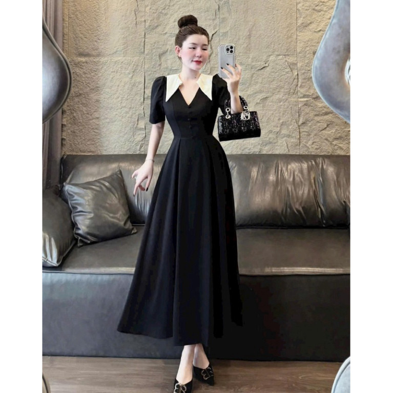 Women's fashion design dress with long v-neck and puffed cuffs, elegant ...