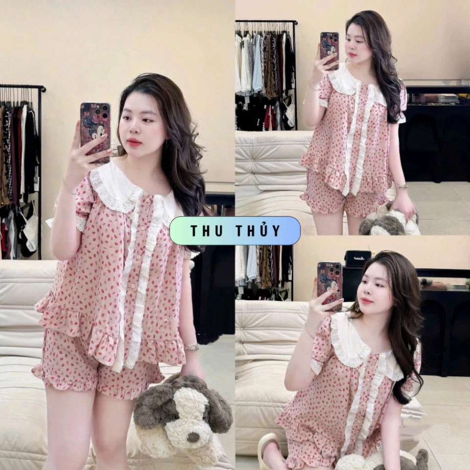 Women's Pink Polka Dot Thigh Pizama Set, Super Cute Ruffle Neck Design ...
