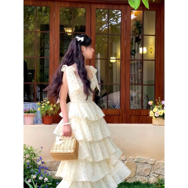 4-Tier Floral Chiffon Dress with Bow Shoulder for Going Out, Going to ...