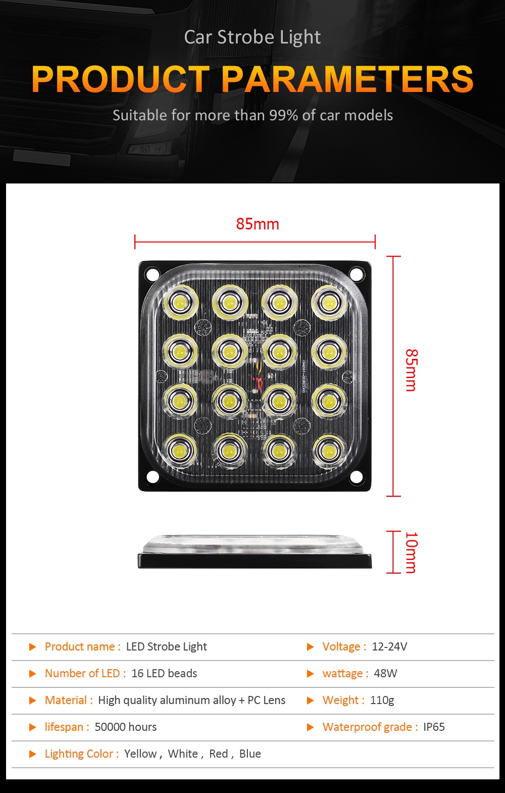 Truck Square Warning Light 16 LED Strobe Light 12-24V Warning LED Lorry ...