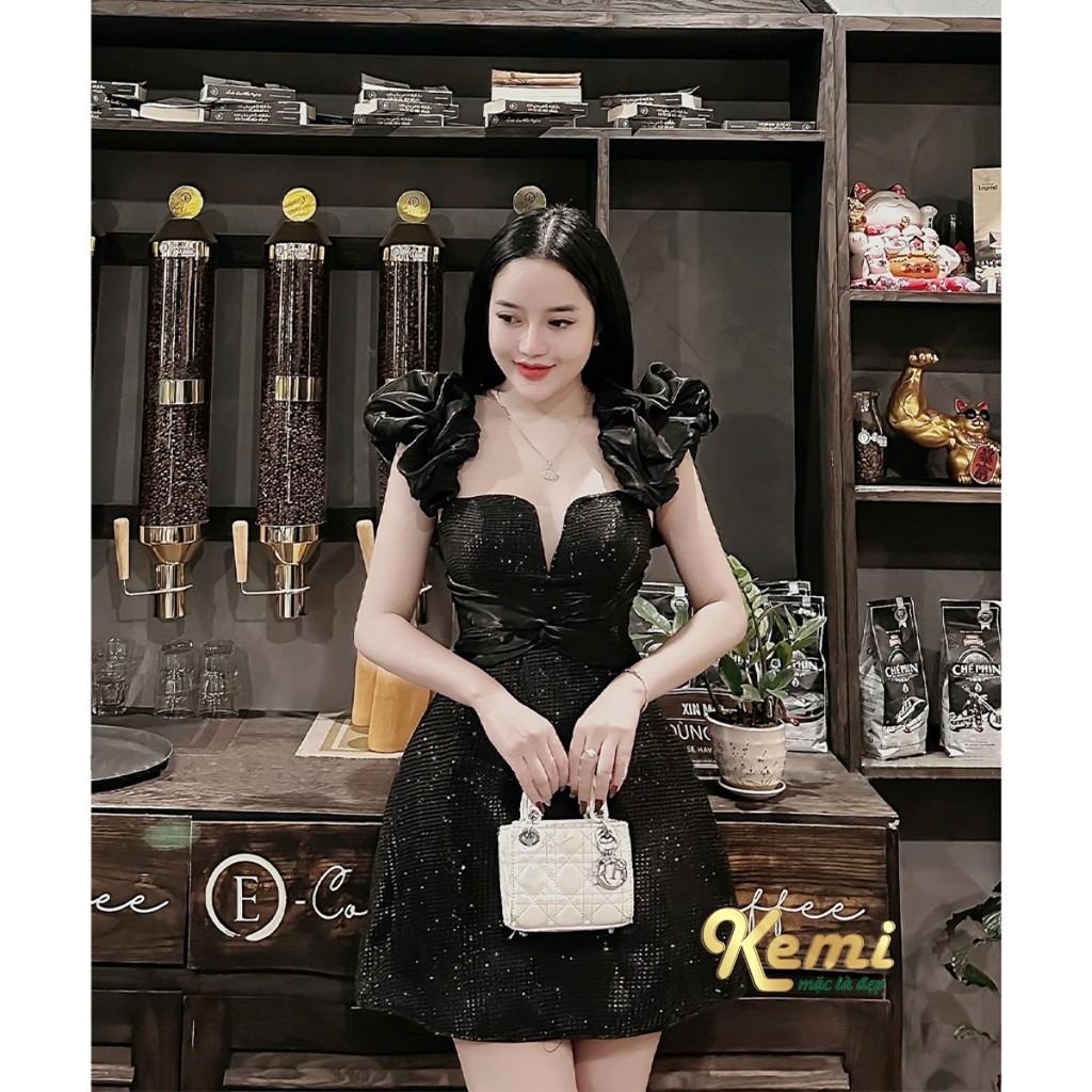 Sparkling bling bling dress with mesh slit on the chest, ruffled ...