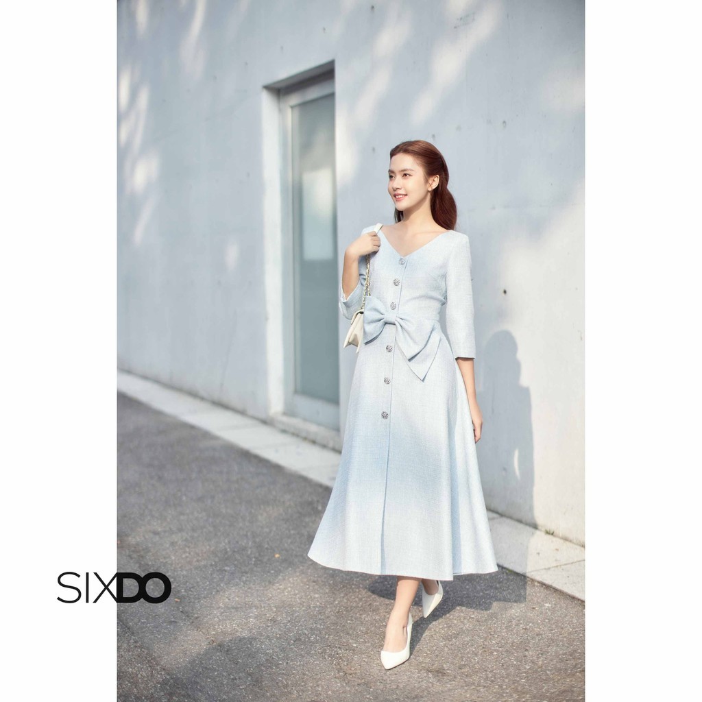 SIXDO Light Blue Midi Tweed Dress (Light Blue Midi Tweed Dress ...