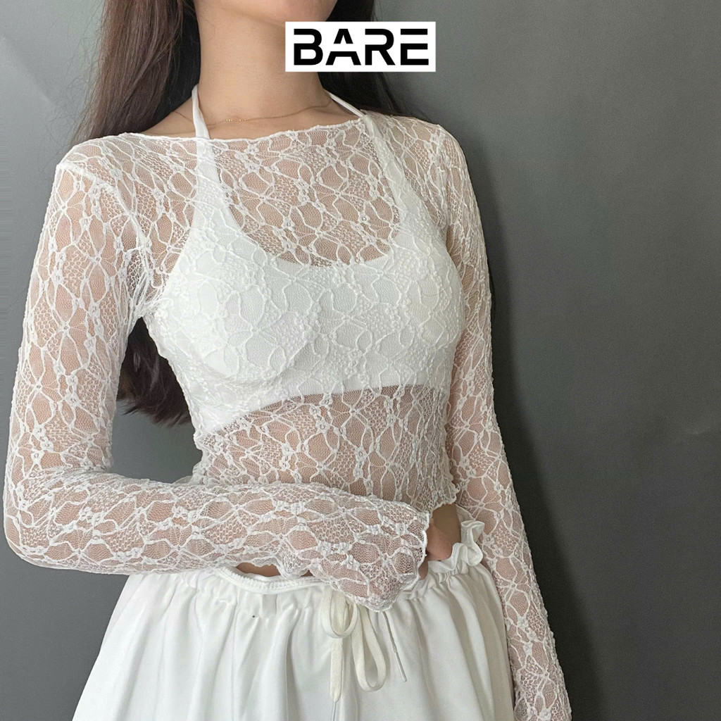 Bare_seductive Long Sleeve Lace Mesh Top for Women (Free Undershirt ...