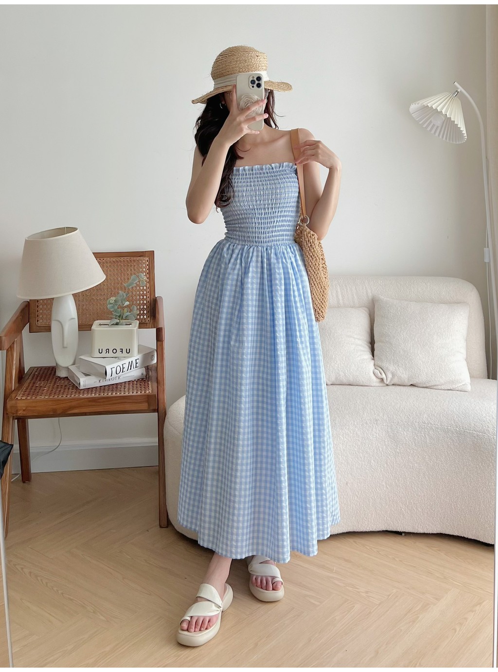 BARE_Strapless Checkered Dress, Long Strapless Checkered Maxi Dress for ...
