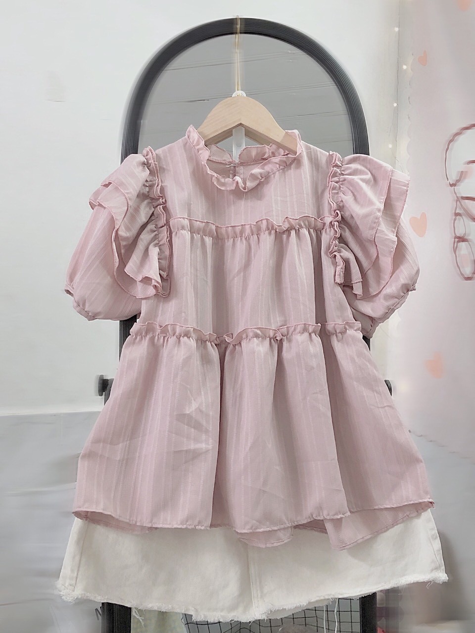 BARE_Ruffle collar shirt with wave ribbed fabric, elegant style - A225 ...