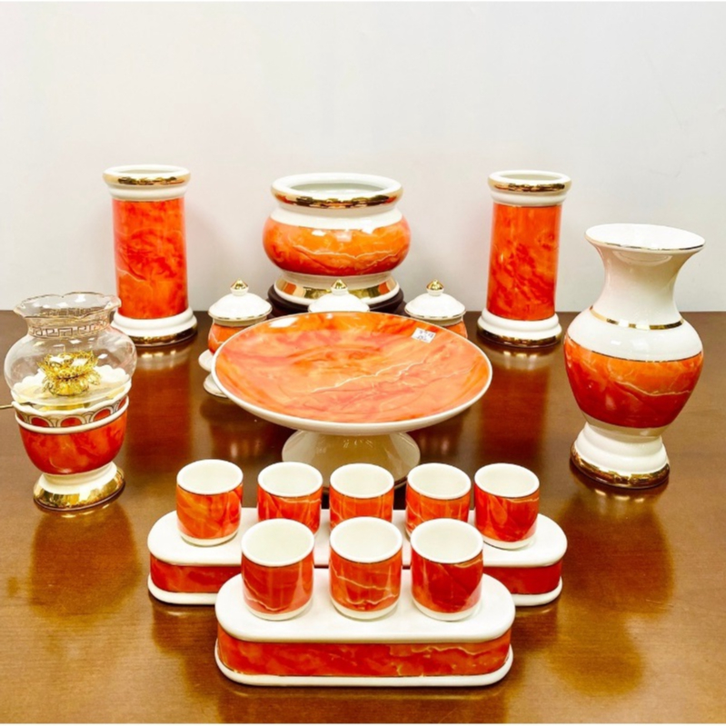 [Real Photo] High-quality red porcelain worship Set with gold and stone ...