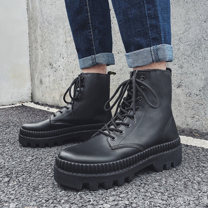 Korean men's high-top leather boots, fashion height-increasing Martens ...