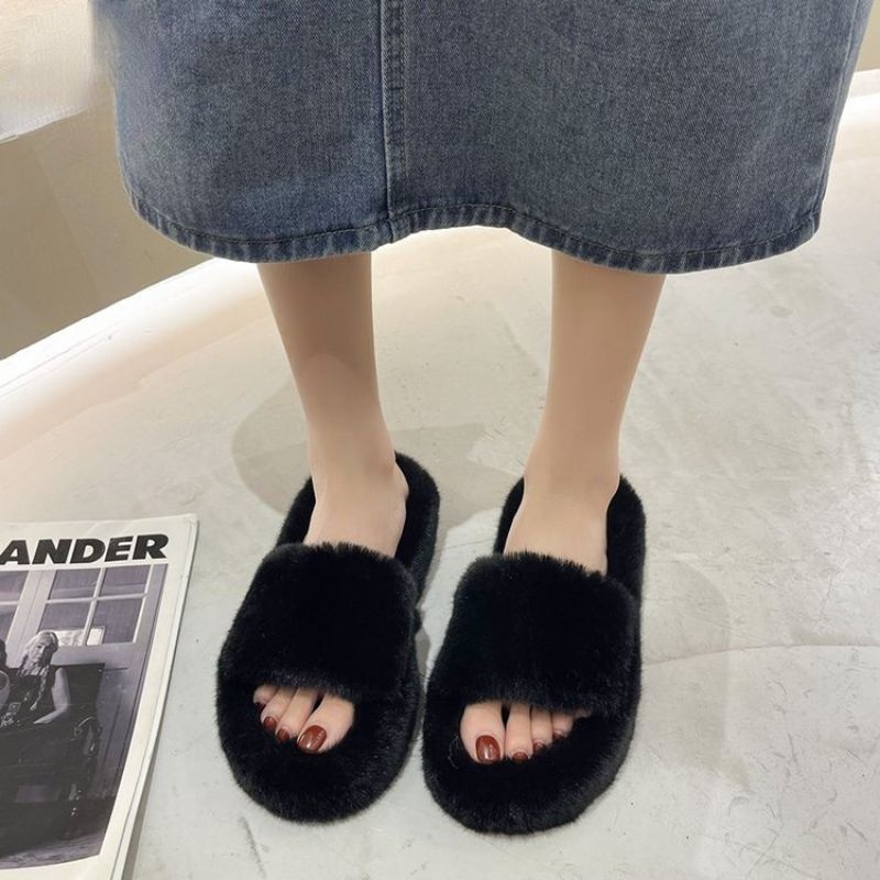 Fashion black fur slippers size 36 | Shopee Philippines