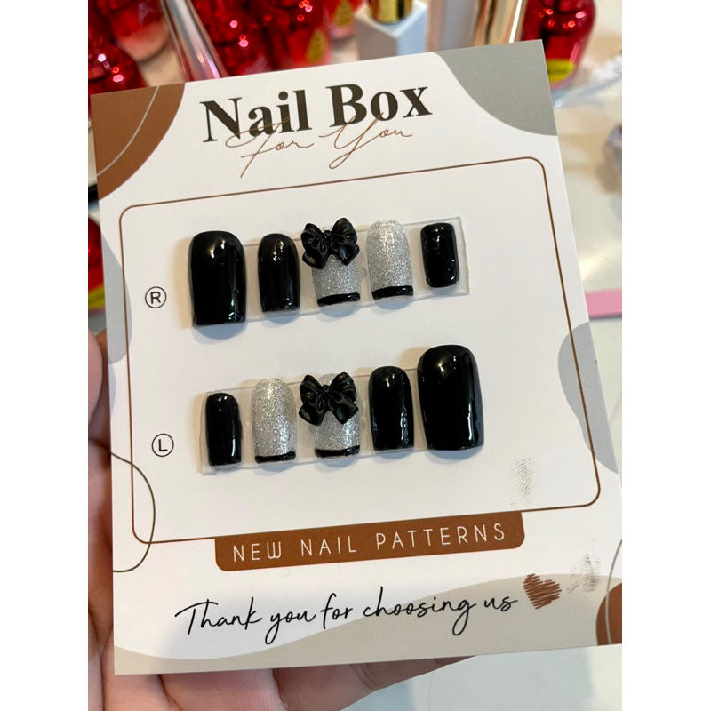 Nailbox Upside Down nail Design With Black Glitter Bow NBD33 nail box ...
