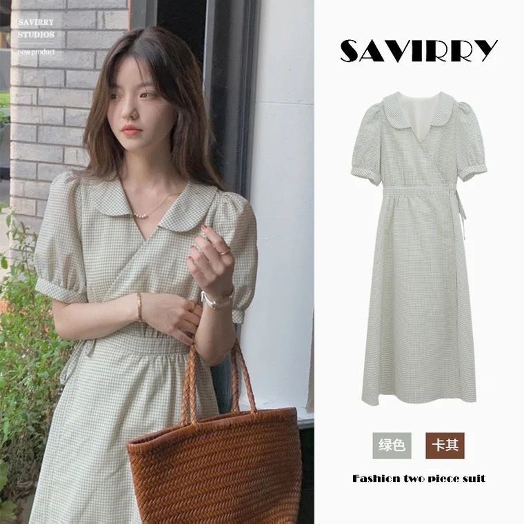 [PASS] Long Dress with Diagonal Waist and Blue Checkered Collar ...