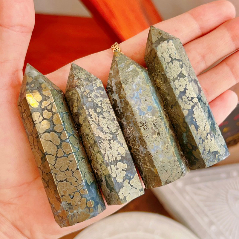 Symbiotic Pyrite Fortune Stone Pillar with Moss agate (Moss agate ...