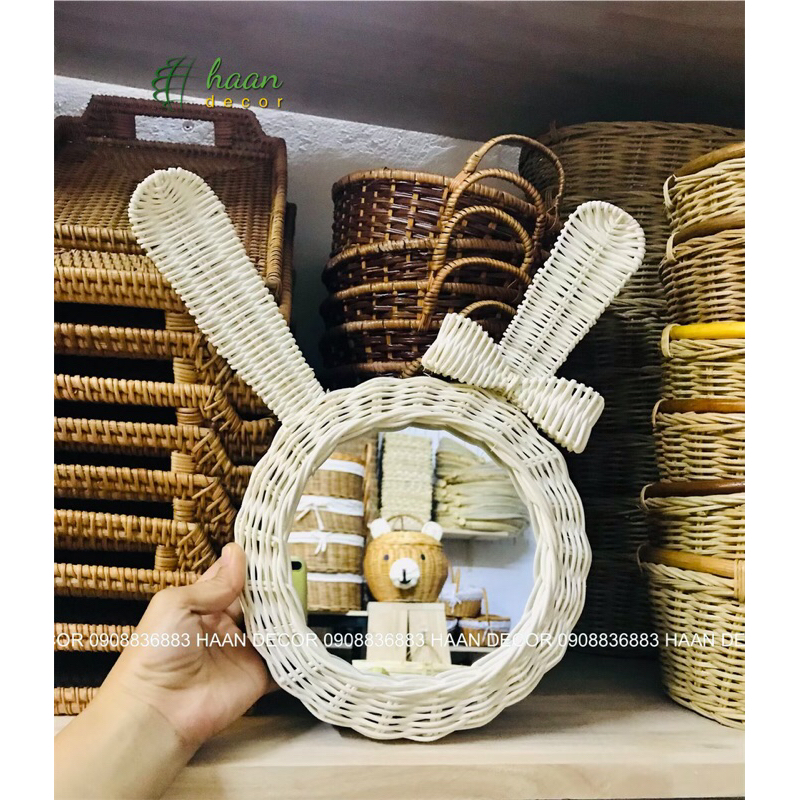 Rattan mirror shaped like a cute brown bear and white rabbit face ...