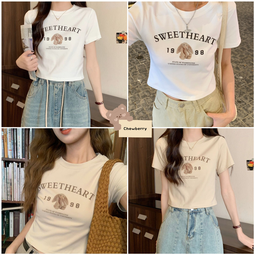 Sweetheart rabbit short-sleeved round neck crop top1998 | Shopee ...