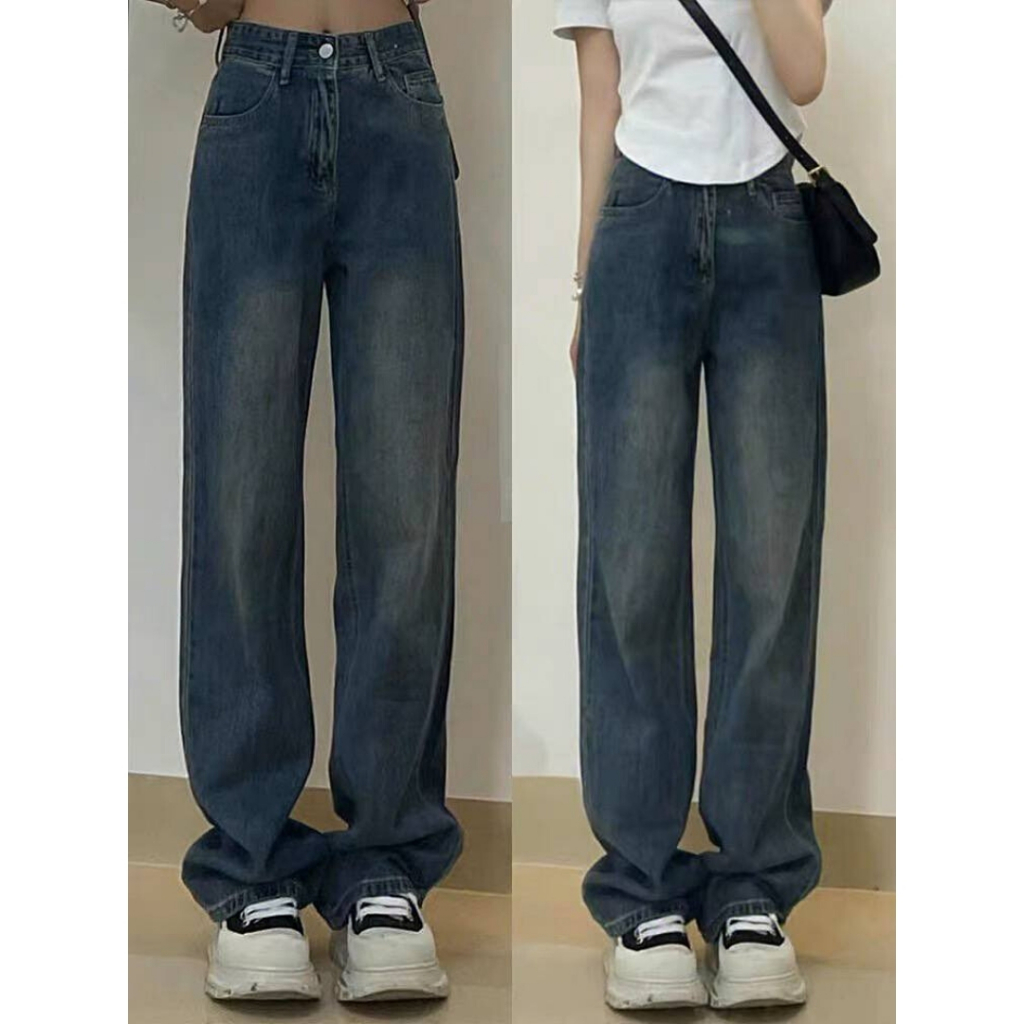 Ulzzang style RETRO wide-leg high-waisted jeans (Large size, big size ...