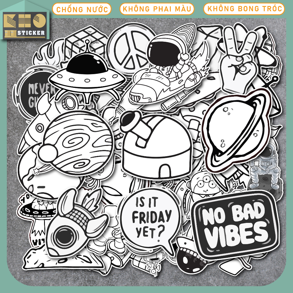 Combo 50 Stickers BW Universe Waterproof sticker laptop, Phone, guitar ...