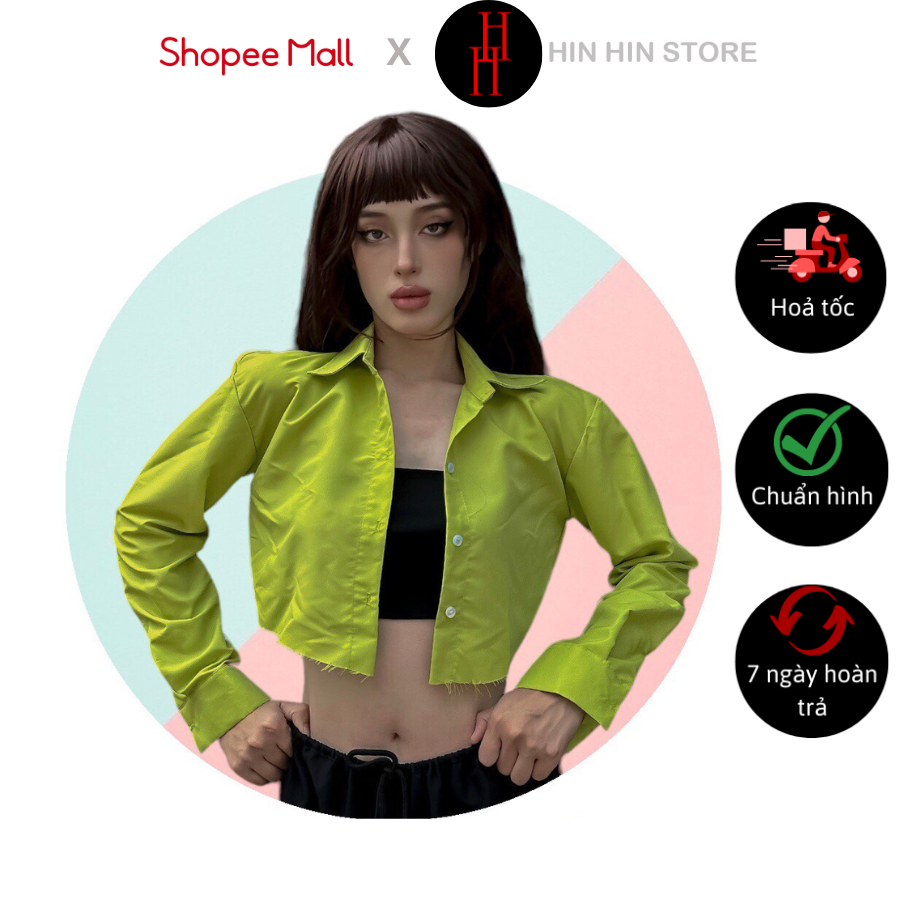 Neon green long-sleeved crop top shirt HAC151 Hin Hin Store | Shopee ...