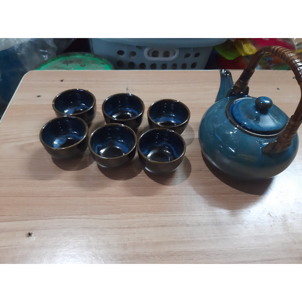 Bat Trang ceramic blue fire-glazed tea set (tray not included) | Shopee ...