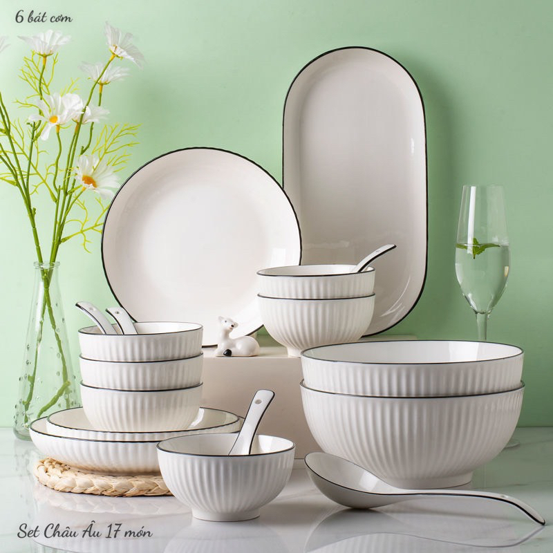 High-quality European-style white ceramic dinnerware set with black rim ...
