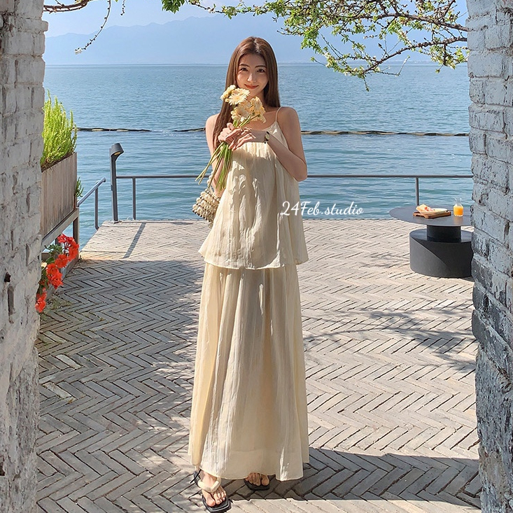 Women's wrinkled silk tank top Set with long skirt vintage Korean style ...