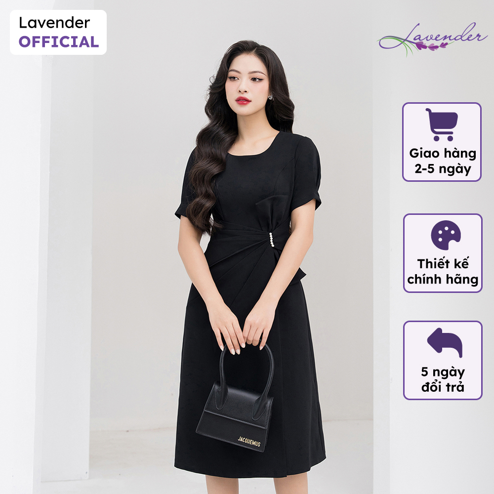 Lavender office dress designed in black with flared shape and pearl bow ...