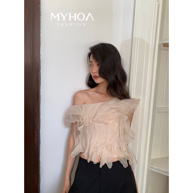 Myhoa| Women's Off-the-Shoulder Silk Chiffon Blouse with Ruffles TKCC | Shopee Philippines