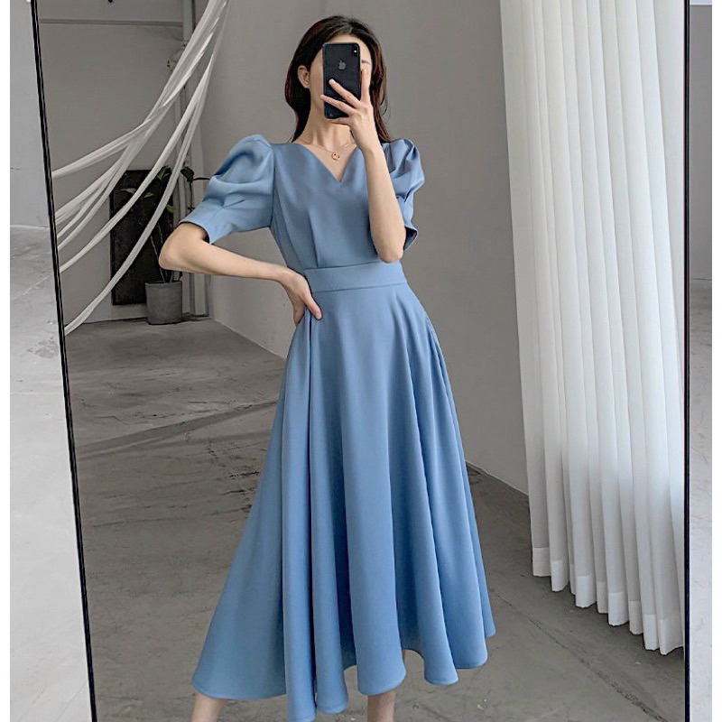 Blue flared midi dress with long sleeves (with real pictures) | Shopee ...