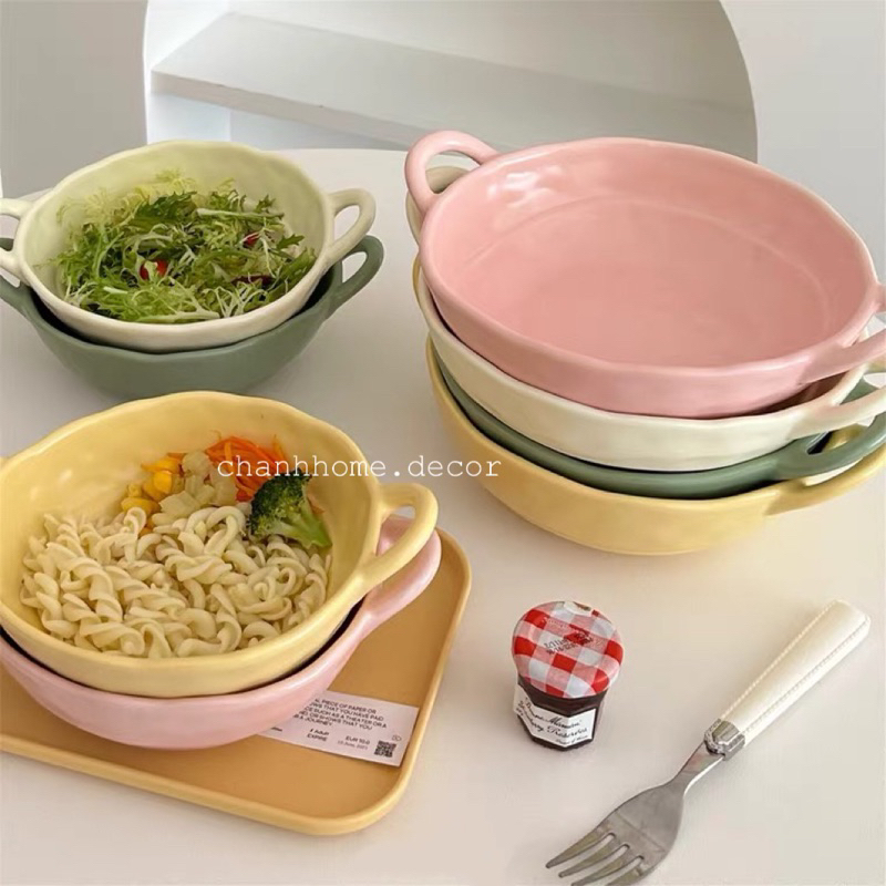 Pastel-colored ceramic rice bowl with 2-handle handle, colorful cereal ...