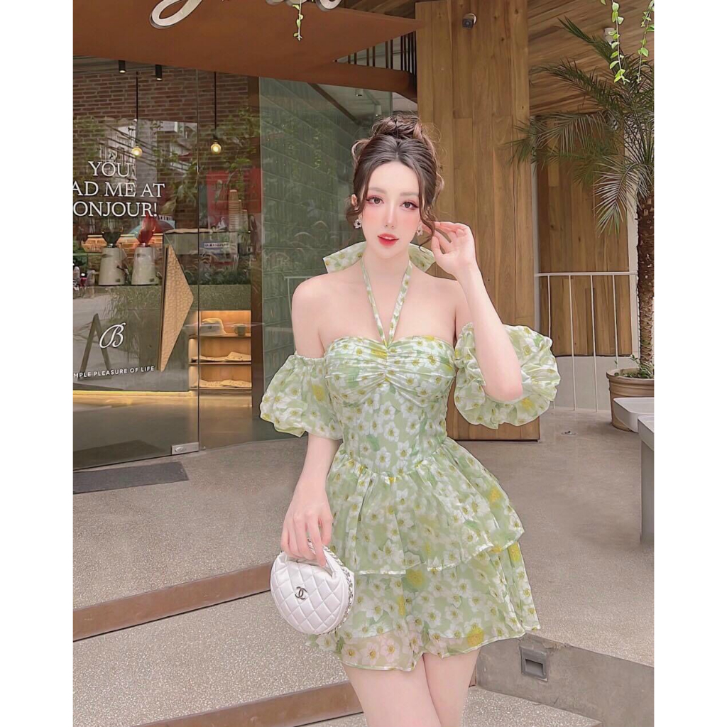 Cute off-the-shoulder floral dress with puffed sleeves, women's dress ...